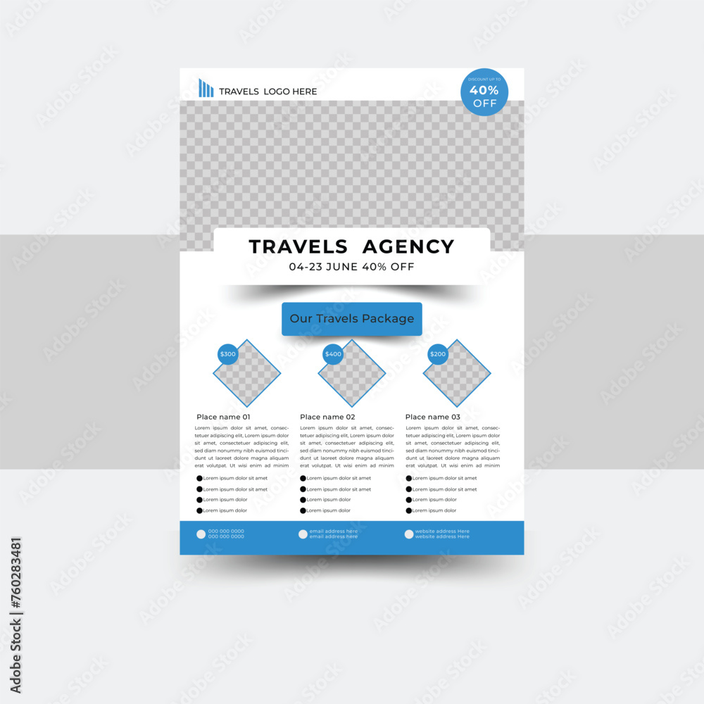 Template design for a modern travel flyer with venue and contact ...