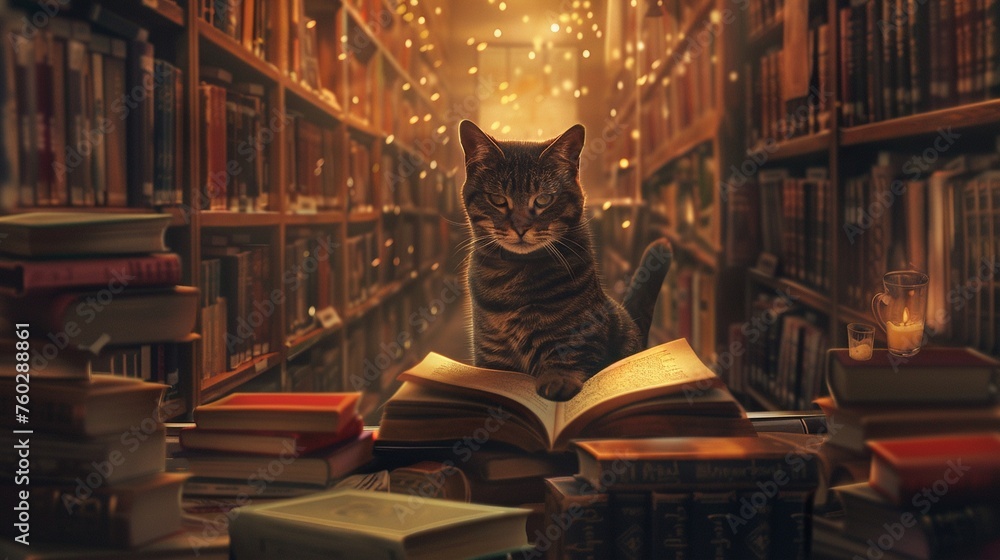 Cat as a librarian, surrounded by towering bookshelves, eye level, cozy ...