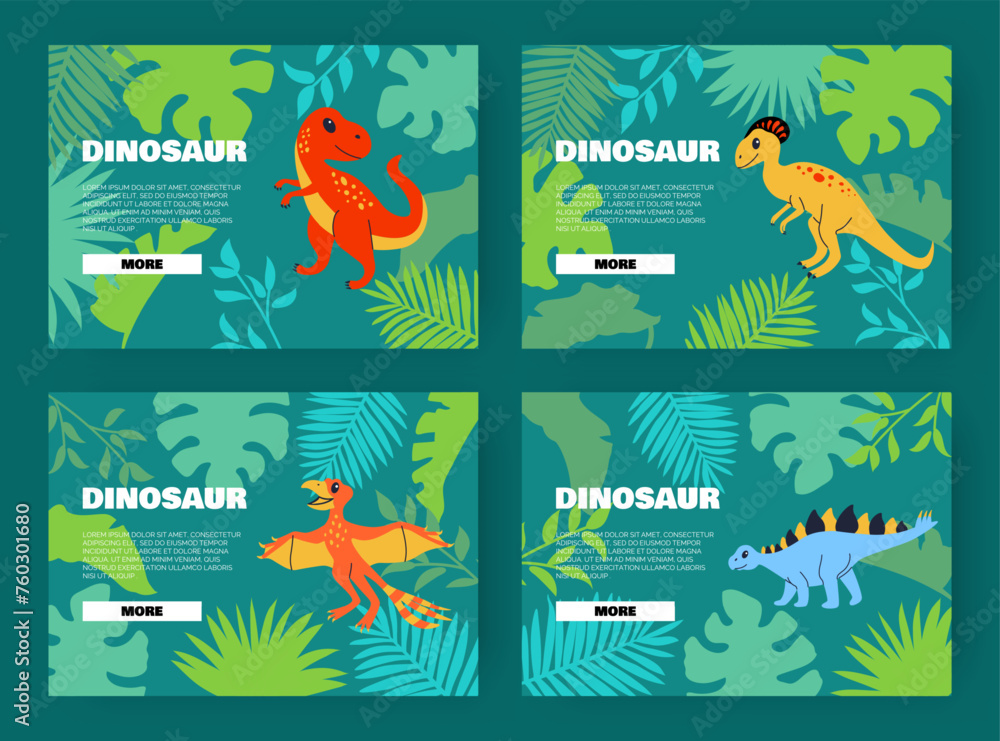 Dinosaur web design. Different types of dino on palm leaves background ...