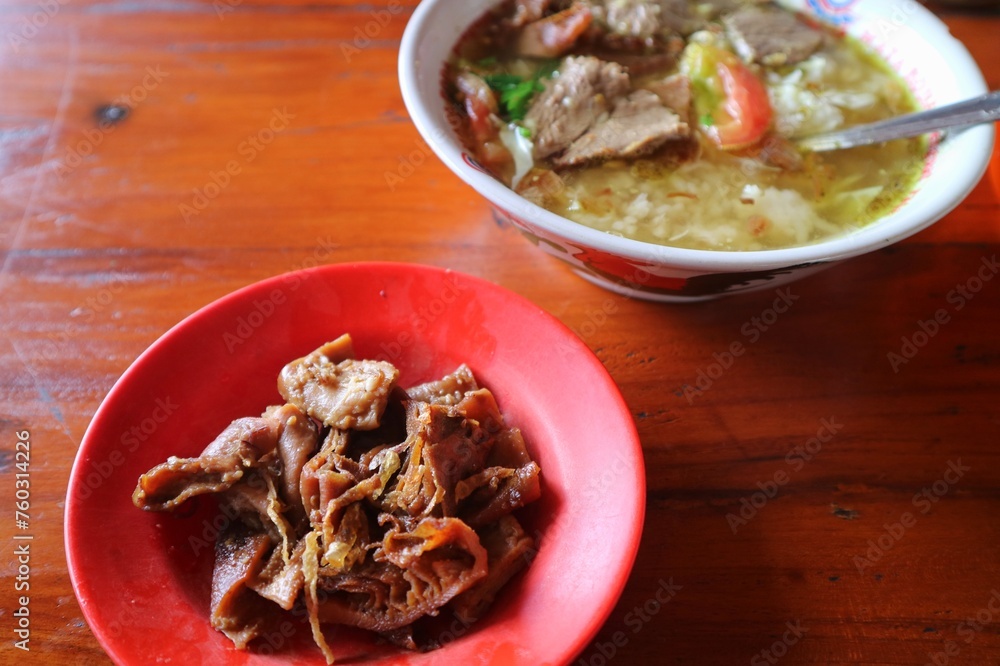 Babat bacem or Indonesian food. Innards of cows, including tripe ...