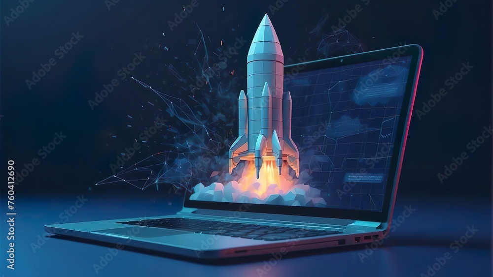 A conceptual rocket launches from the laptop's screen. Launch of a ...