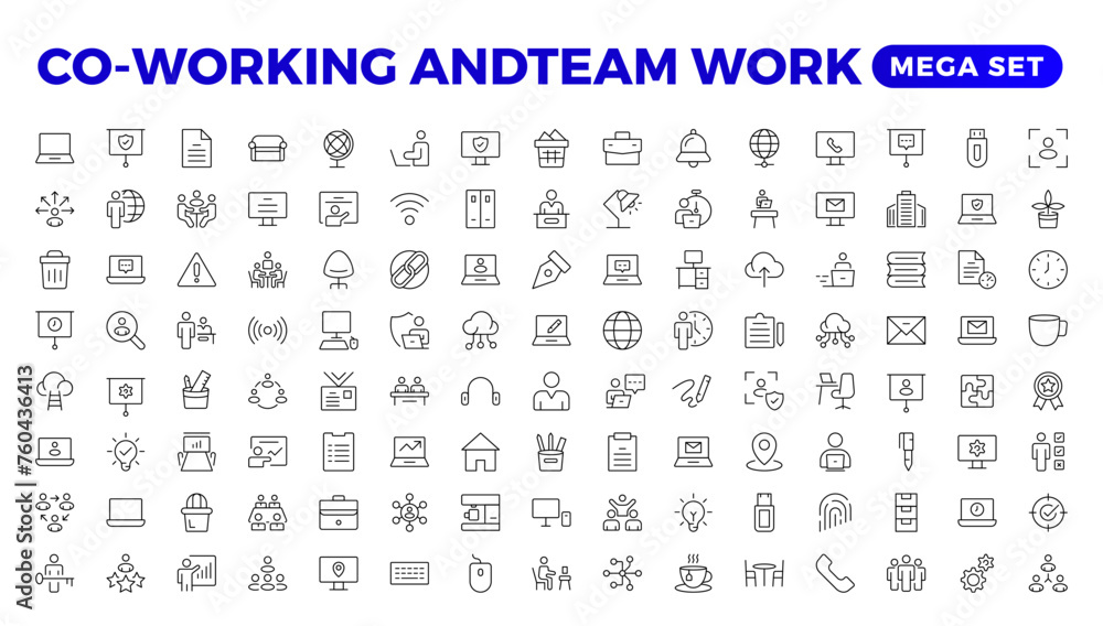 Co-working & Teamwork.Office and coworking linear icons collection. Set ...