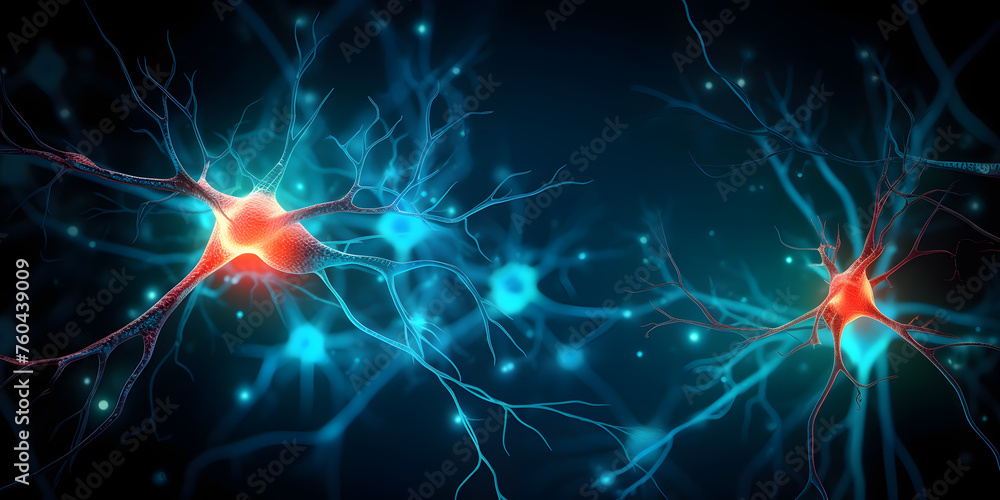 Nerve cell blue color banner, system neuron of brain with synapses ...