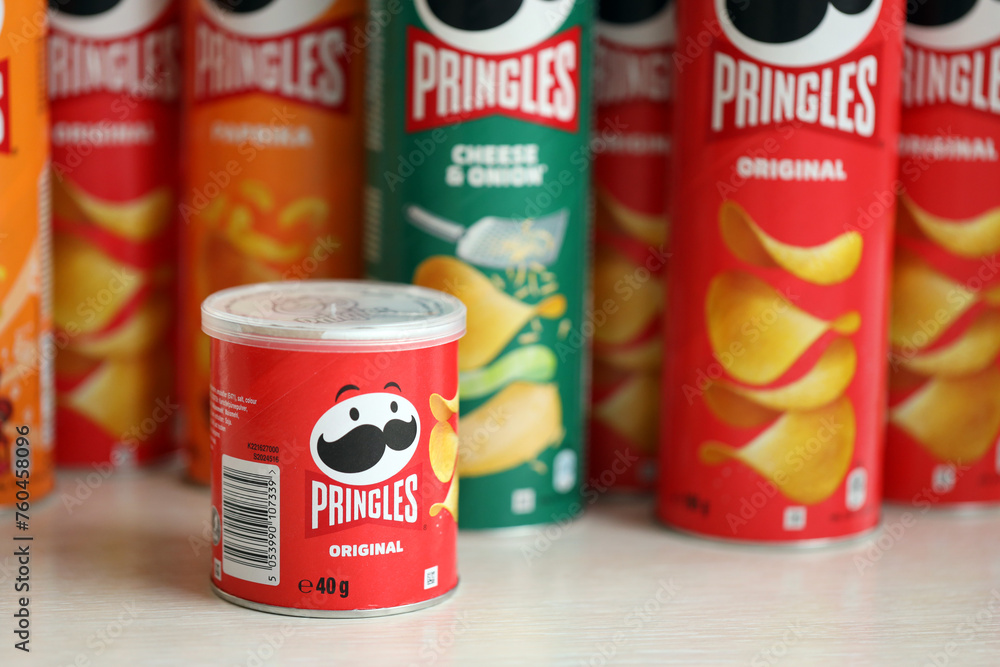 KYIV, UKRAINE - FEBRUARY 27, 2024 Pringles original potato chips on ...