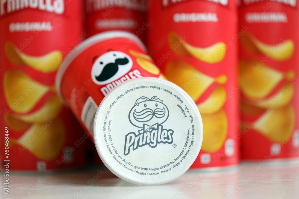 KYIV, UKRAINE - FEBRUARY 27, 2024 Pringles original potato chips on ...