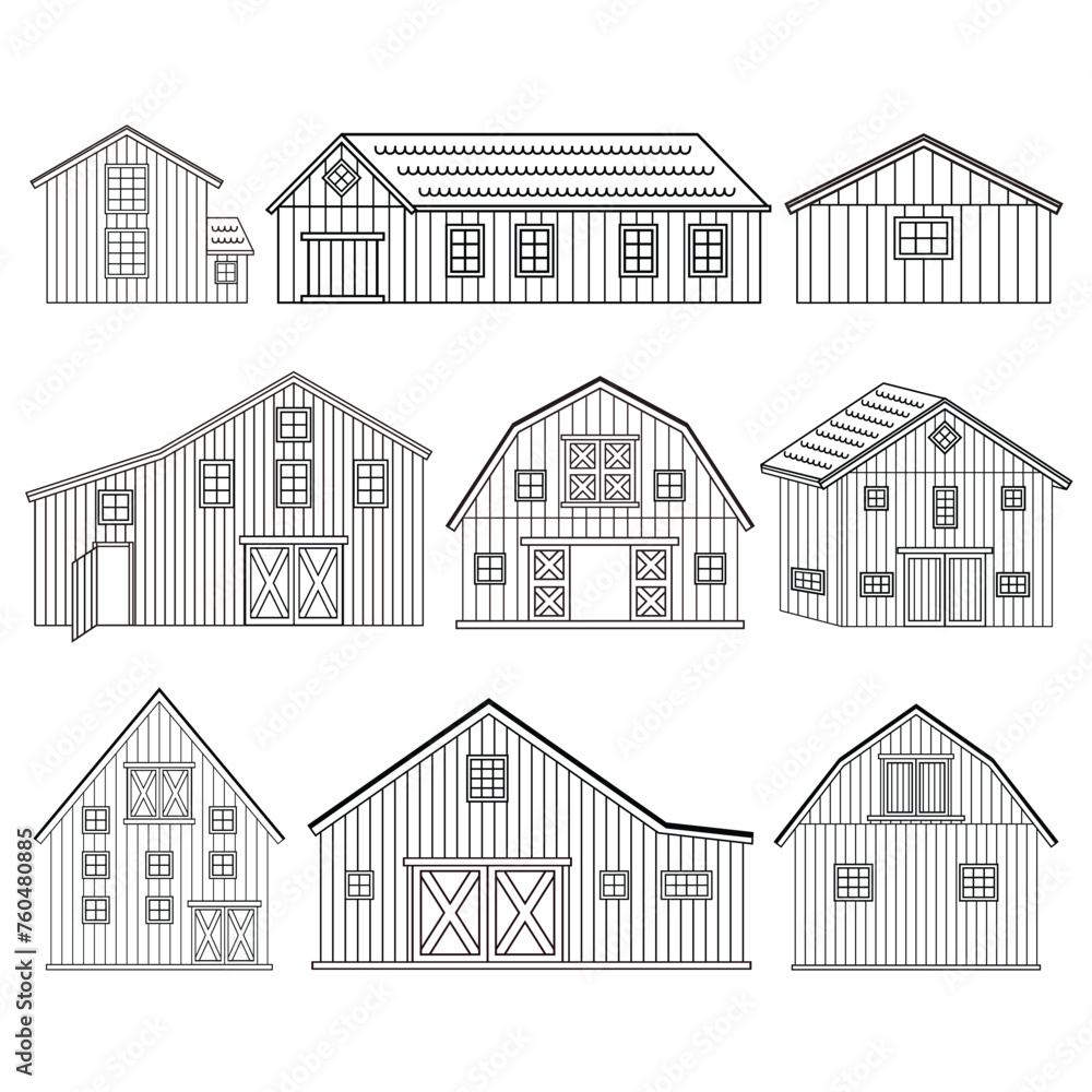 Big set of black white red wooden barns with windows, doors. Isolated ...