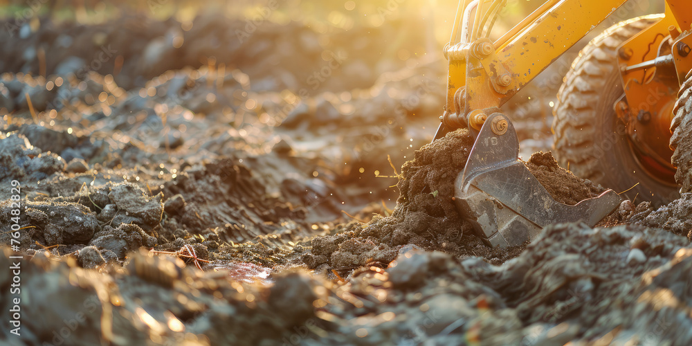 Earthwork in Progress - Backhoe Digging Soil in sunlight. Close-up of a ...