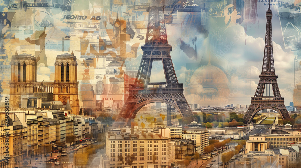 Paris famous landmarks collage Stock Illustration | Adobe Stock