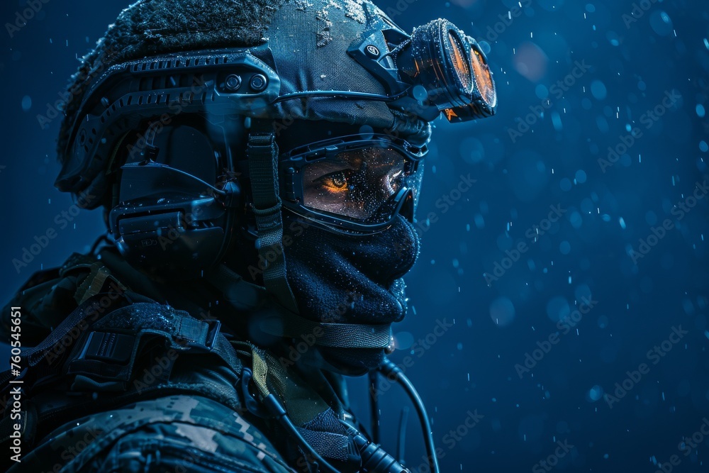 Special forces operator in full tactical gear with night vision during ...