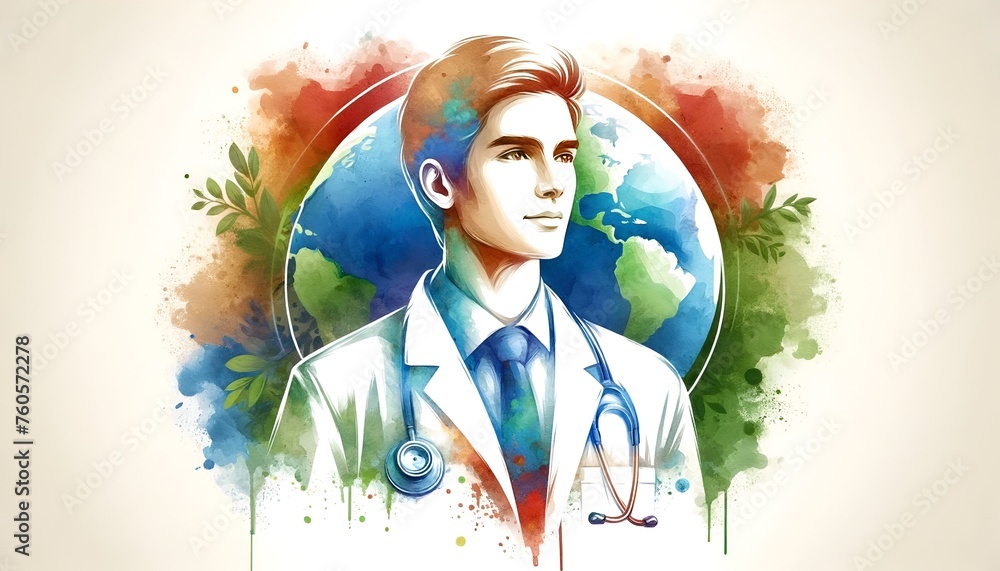 Watercolor illustration for world health day with a doctor and earth ...