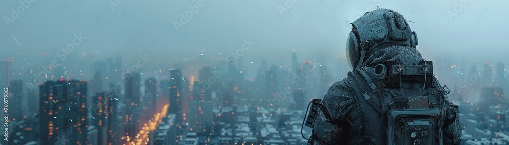 Eco-Warrior, adorned in recycled metal armor, overlooking a polluted ...