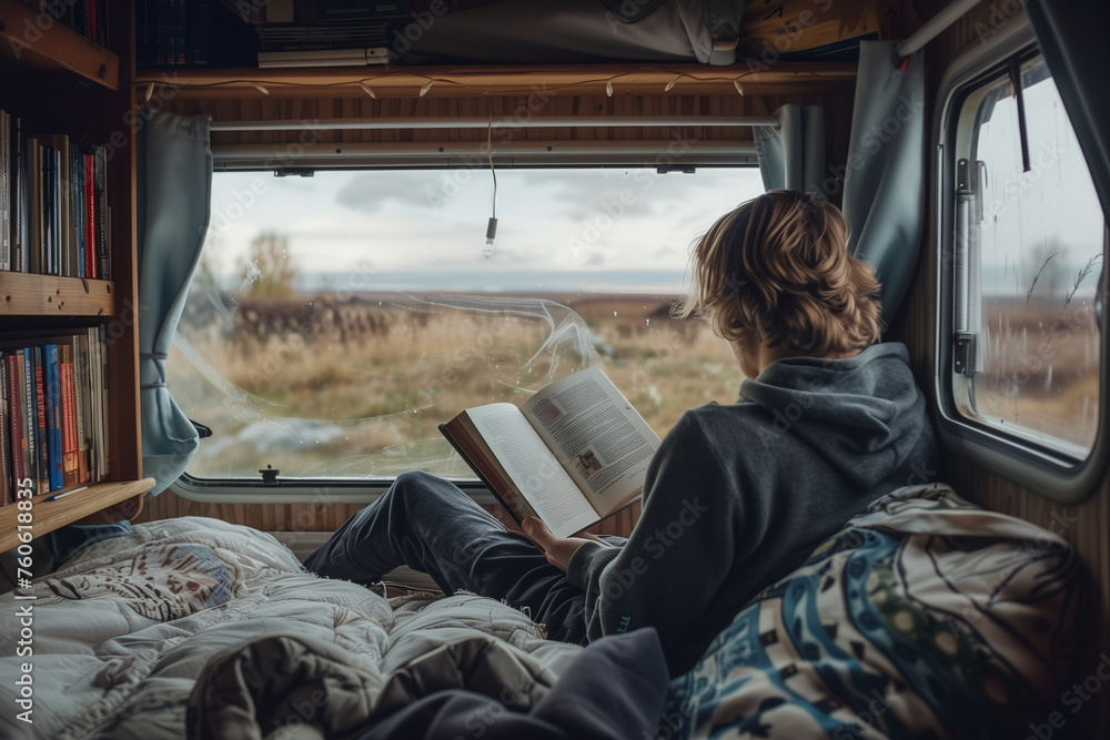 solo traveler reading a book inside a trailer, evoking a sense of ...