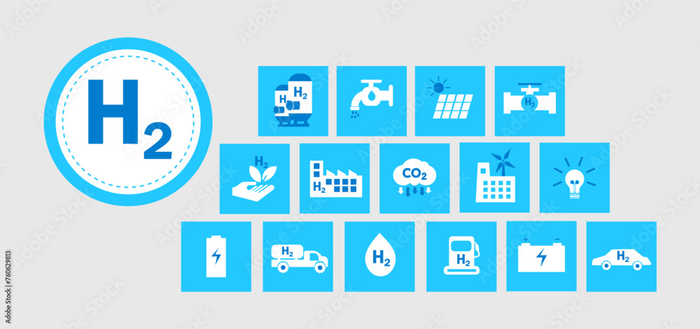 Blue hydrogen fuel production icon H2 water hydrogen Solar energy, wind ...