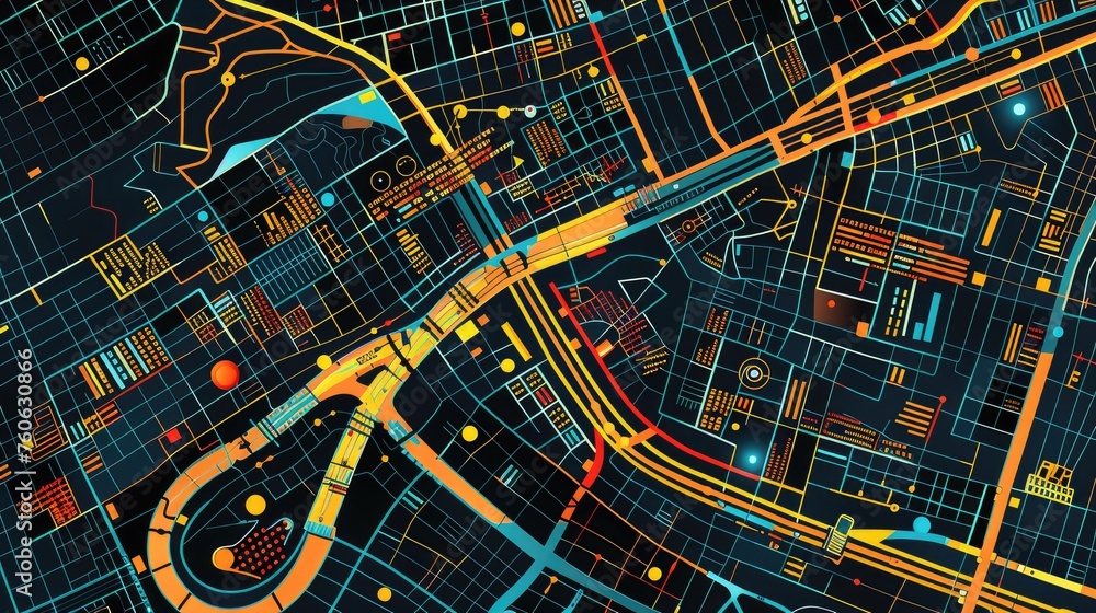 "Stylized digital city map in neon colors on dark background ...