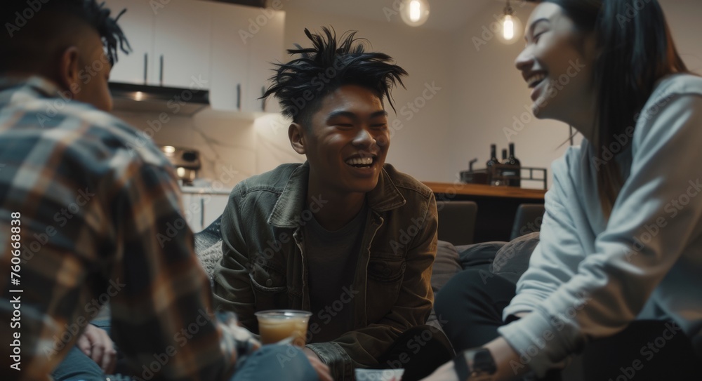 Youthful Asian male enjoying a lively discussion with diverse friends ...