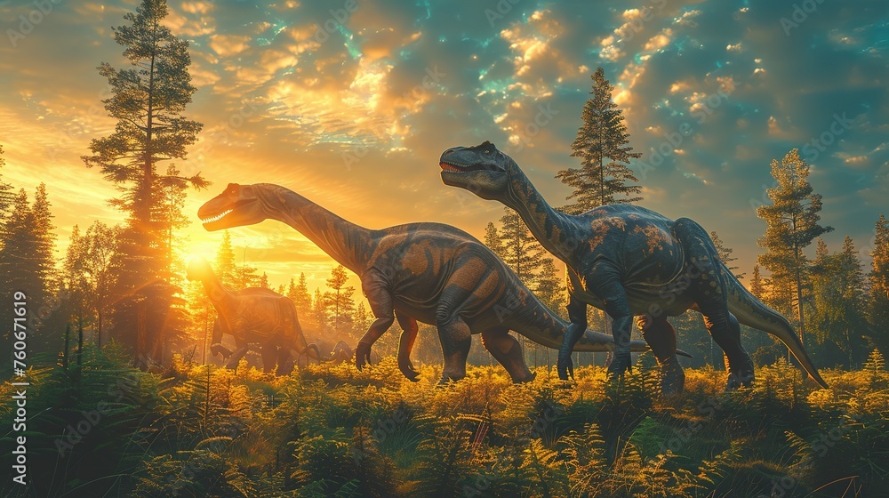 Dinosaurs in the Triassic period age in the green grass land and blue ...
