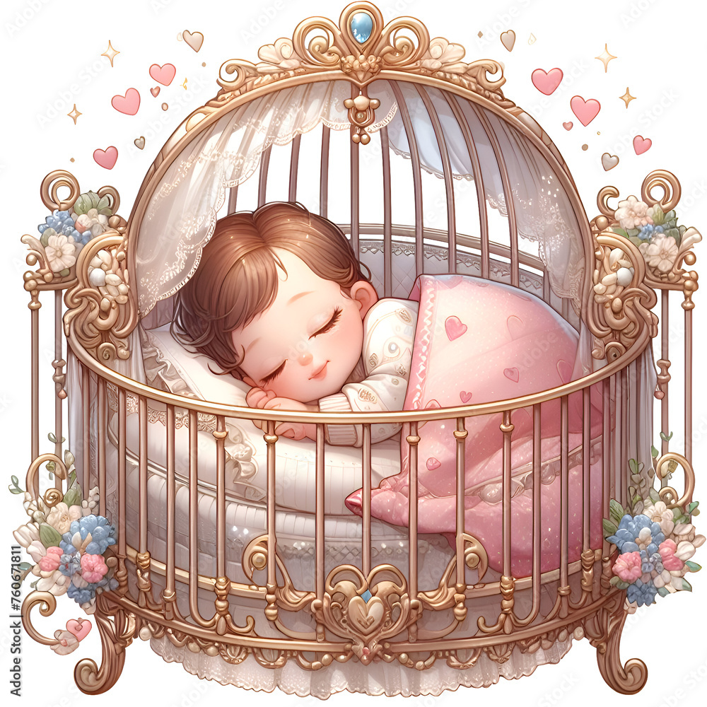 Cute Sleeping Baby in Cradle Clipart Watercolor Sleep Baby Shower First ...