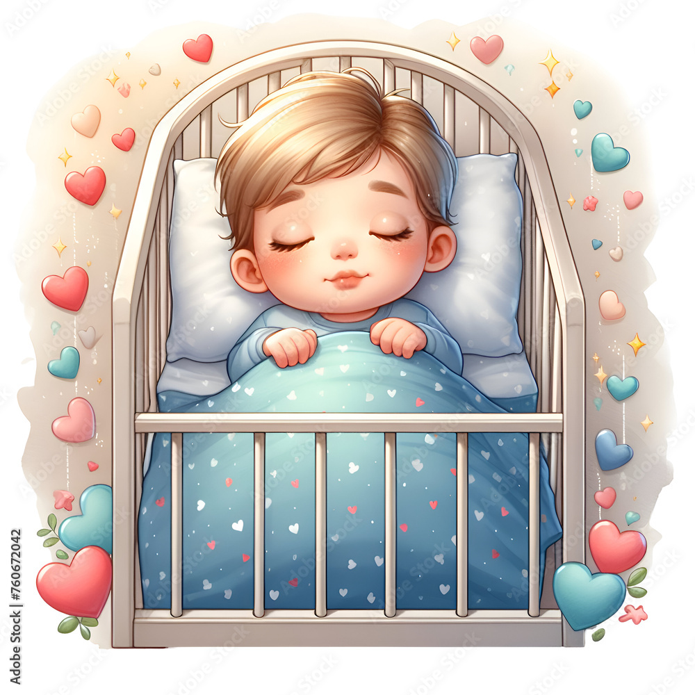 Cute Sleeping Baby in Cradle Clipart Watercolor Sleep Baby Shower First ...