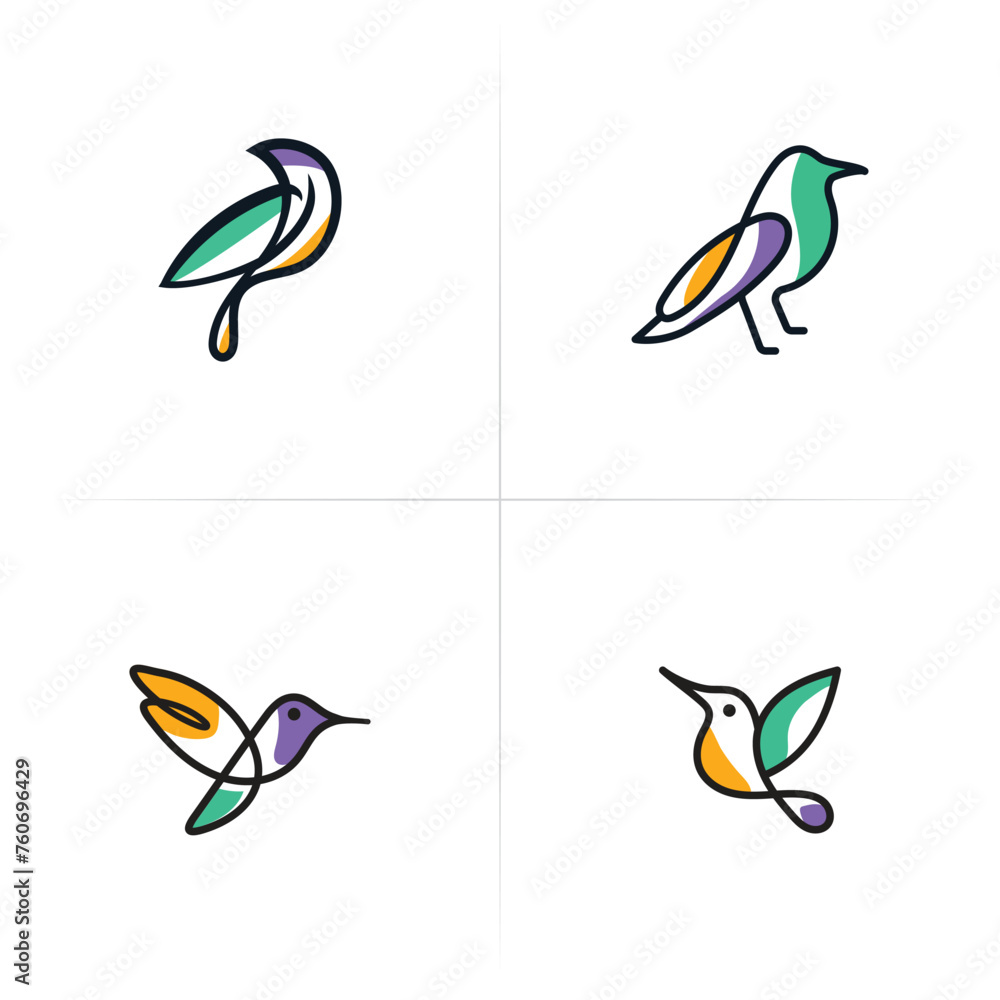 Vector line art of abstract colorful hummingbird, Colibri wall art design, minimal bird line ...