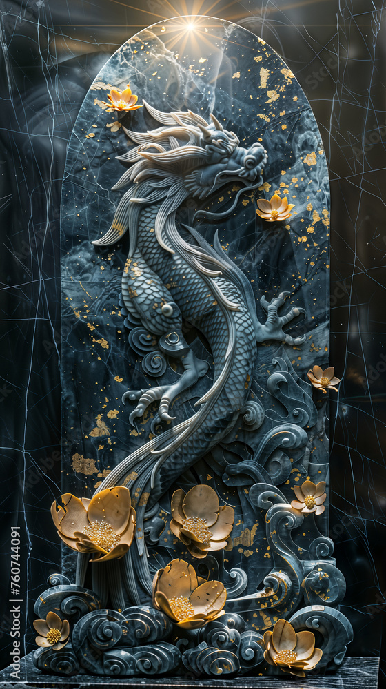 Elegant Stone Dragon with Golden Lotus Flowers Amidst Webbed Backdrop ...