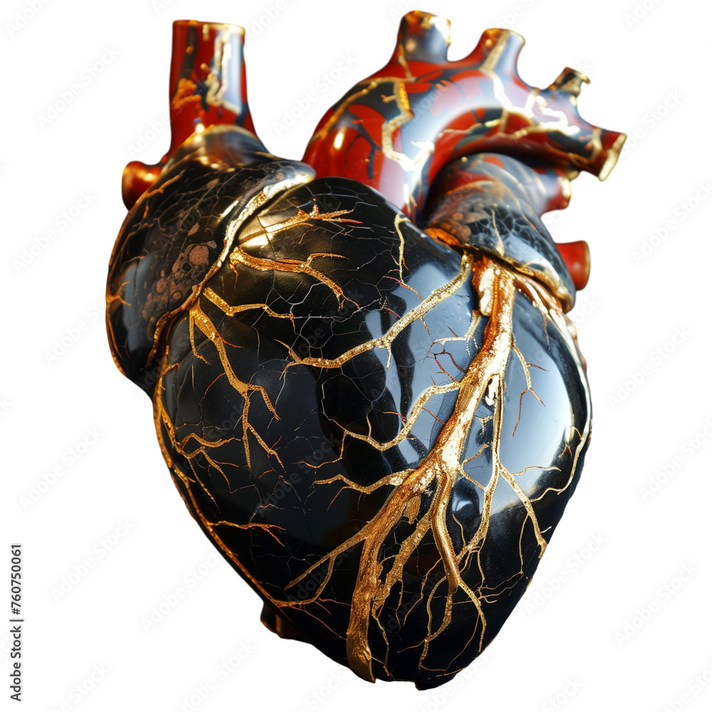 Anatomical heart and kintsugi. Human stone heart restored with gold by ...