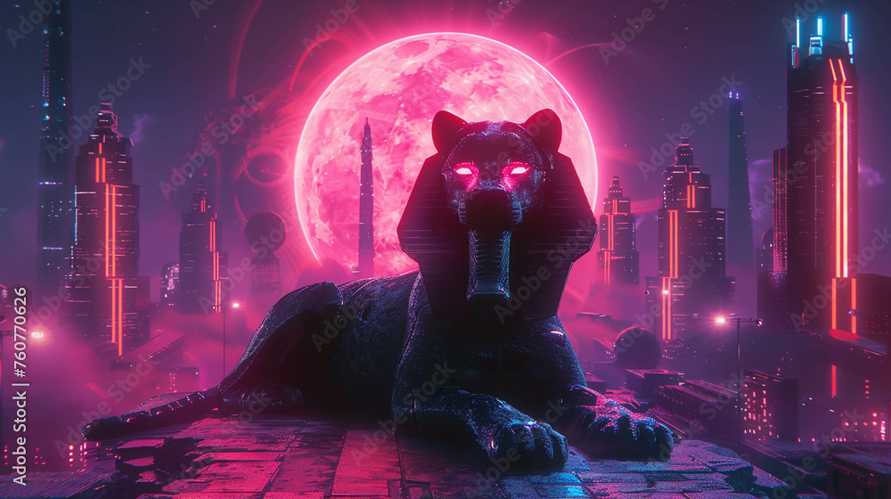Mysterious Sphinx, Ancient Creature, In a neon-lit cyber city, under ...