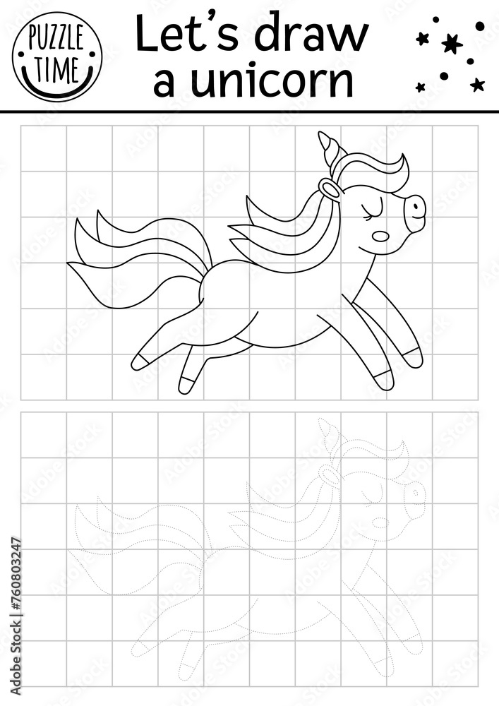 Draw the unicorn. Vector Fairytale drawing practice worksheet with cute ...