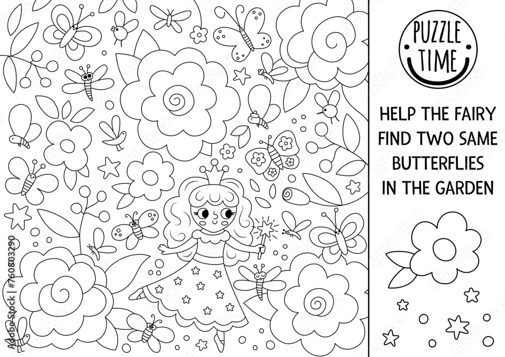 Help the fairy find two same butterflies in the garden. Fairytale ...