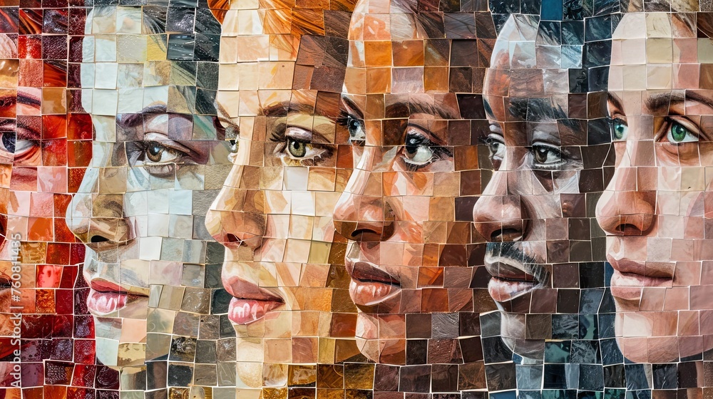 Mosaic of diverse faces seamlessly blends together, representing unity ...