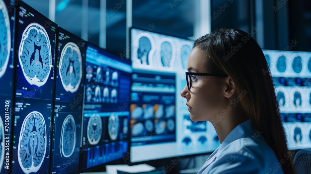 A healthcare professional in a white lab coat operates an MRI machine ...