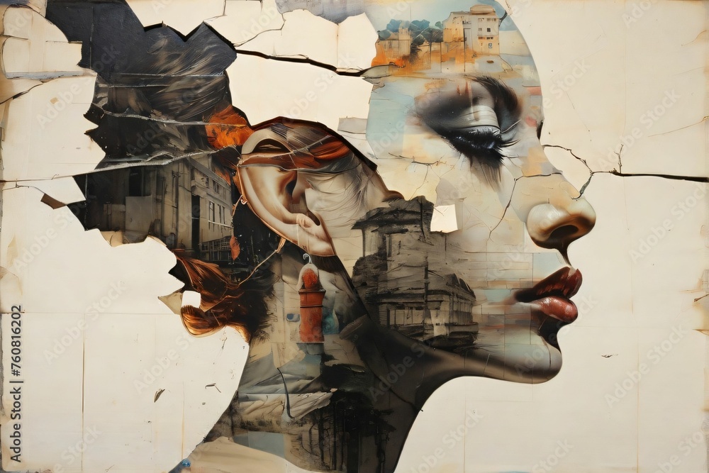 Double exposure photograph of model girl's face on a burned postcard of ...