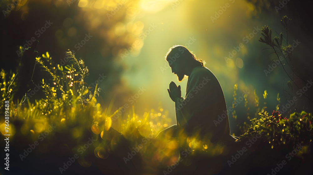 Silhouette of Jesus in intense prayer and supplication before betrayal ...
