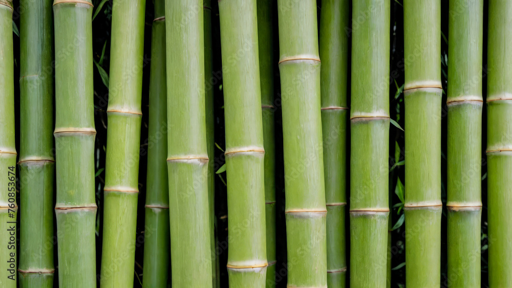 Background is made of vertical whole moist stems of green bamboo. Dense ...
