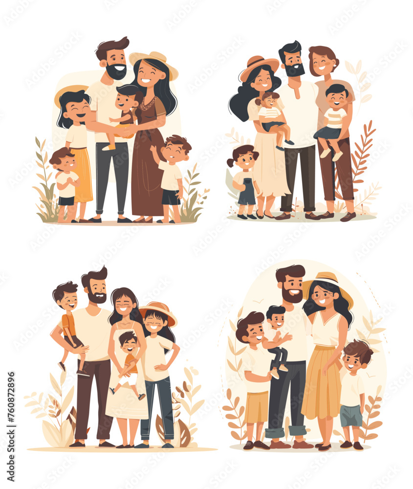 Happy family scenes cartoon vector set. Dad mom son daughter different ...