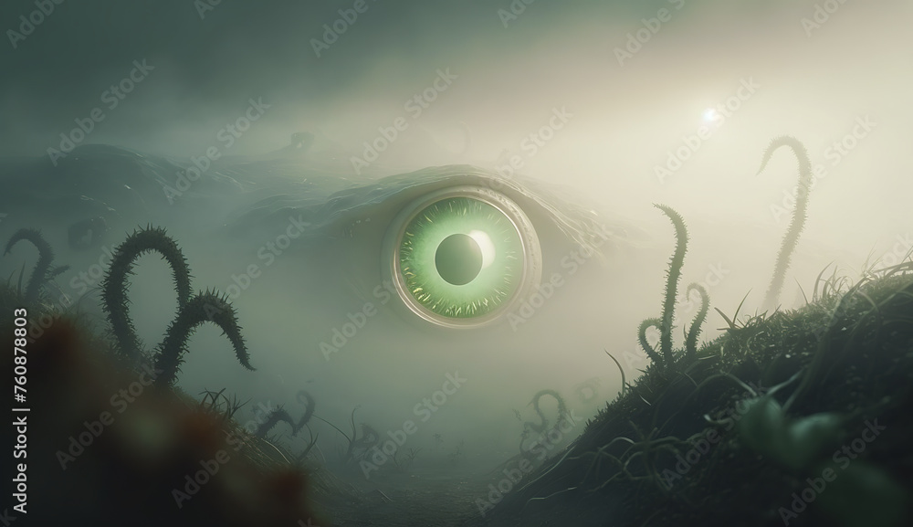 Glowing green eye of a mysterious creature hiding in the fog. Sentient ...