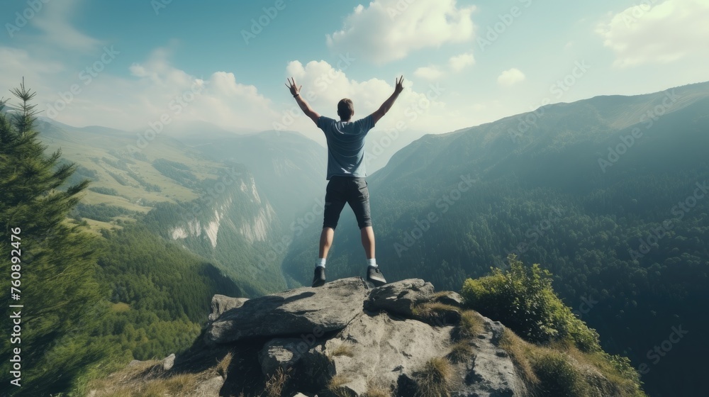 Triumphant Hiker. Joyful Man Celebrates Summit Success on Mountain Top ...
