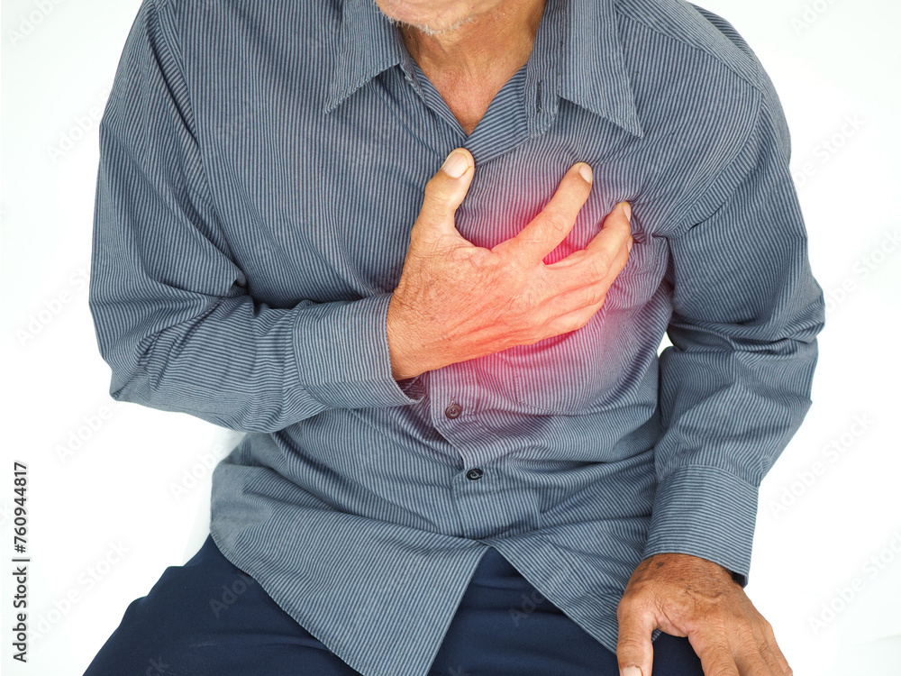 Asian man having severe chest pain as heart attack and illness concept ...