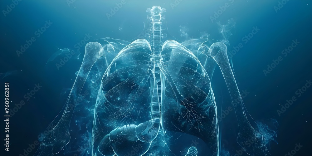 Medical concept Xray of mans chest showing lungs blue background ...