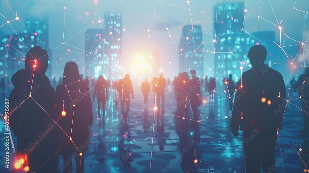 Silhouettes of diverse people connected in network, city skyline ...