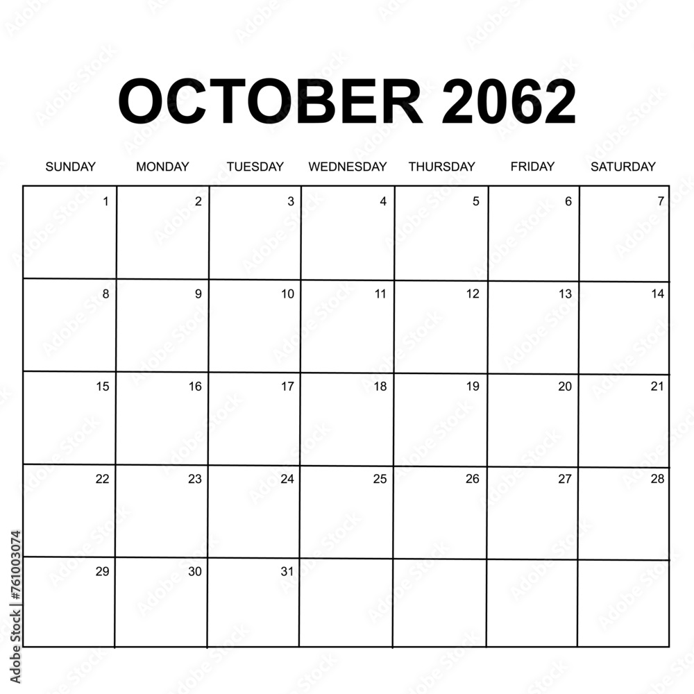 october 2062. monthly calendar design. week starts on sunday. printable ...