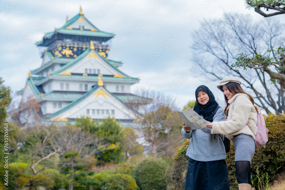 Travel, muslim travel, woman girl tourist Two Asian friends but ...