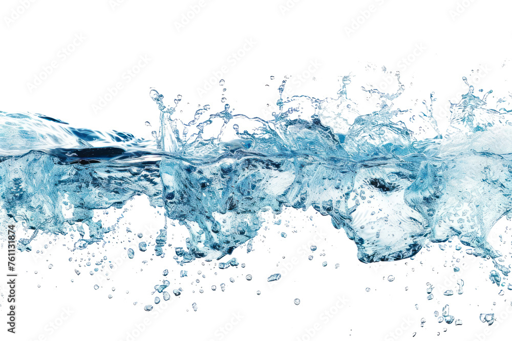 Abstract blue water flow and splash on isolated white background ...
