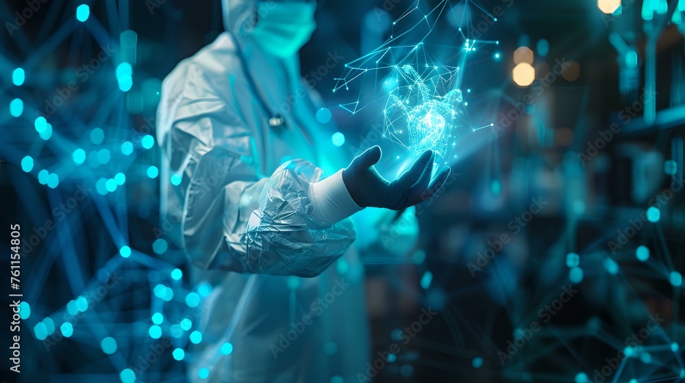 Futuristic science research concept with holographic display. scientist in lab coat interacting ...