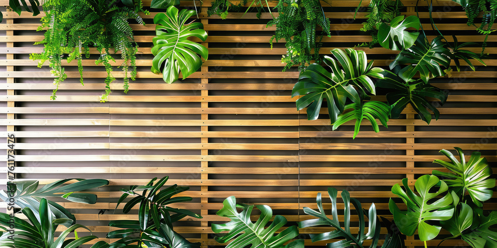Greenery on Wooden Slats - Indoor Plant Partition. Lush green plants ...