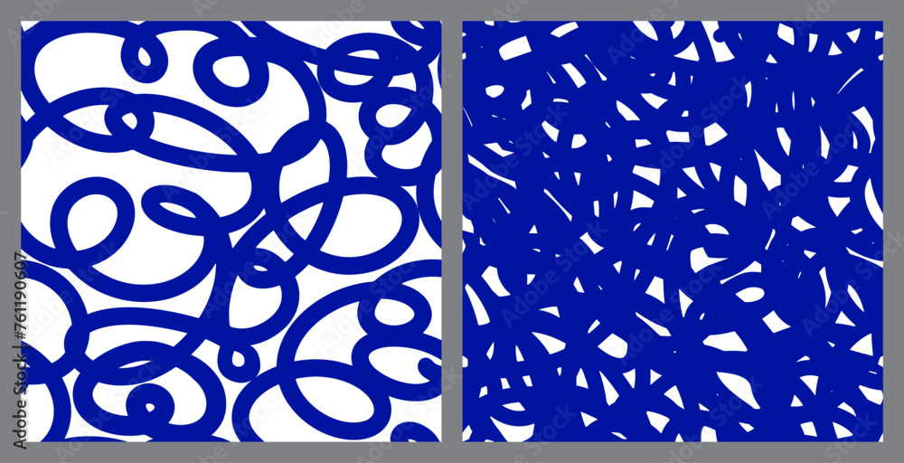 Seamless pattern set with abstract free curlicue lines in blue pen colors. Bold wavy handwriting ...