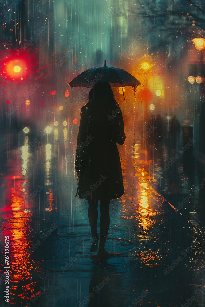 Aesthetic representation of loneliness in the rain, rendered in vintage ...