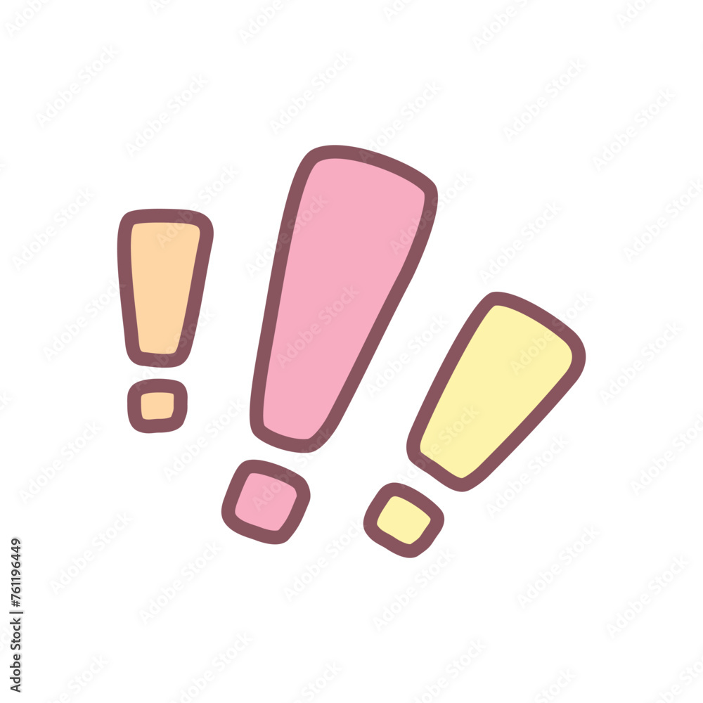 Cute exclamation mark icon. Hand drawn illustration of an orange, pink ...
