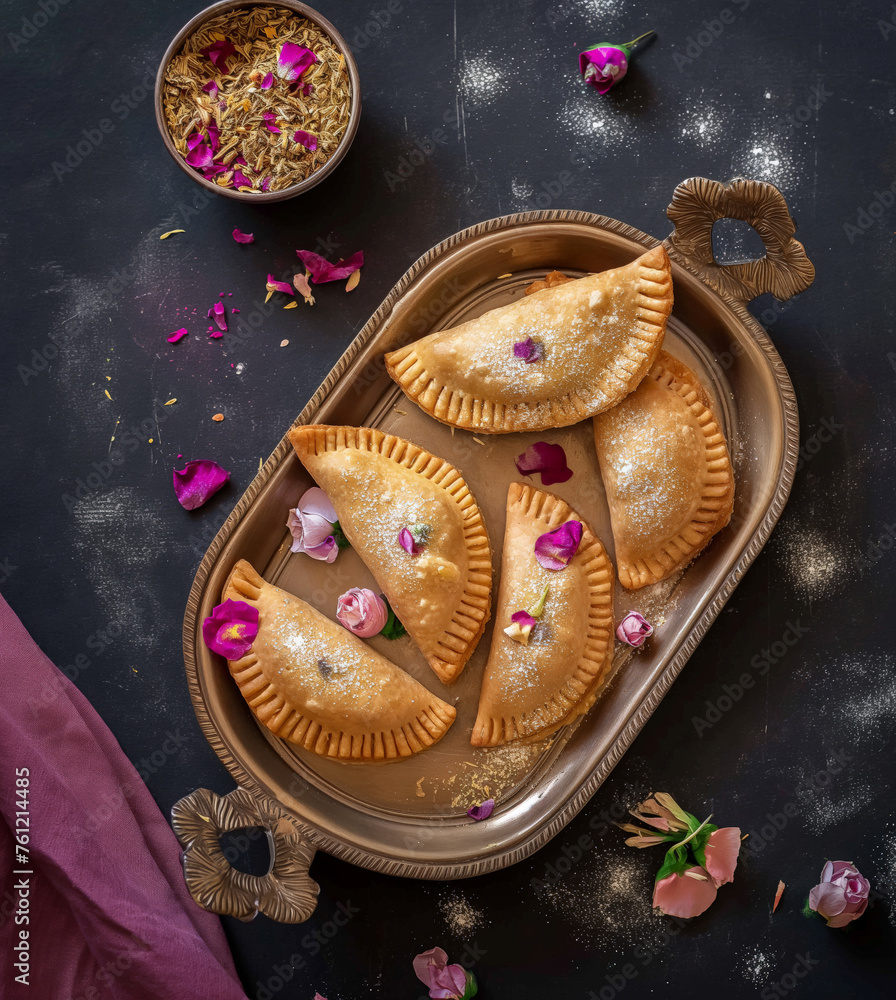 Gujia, a traditional Indian festival dessert, served on a metal plate ...