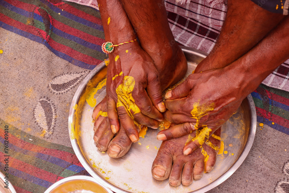 "Haldi" In traditional wedding Ceremony. Close up shot of turmeric ...