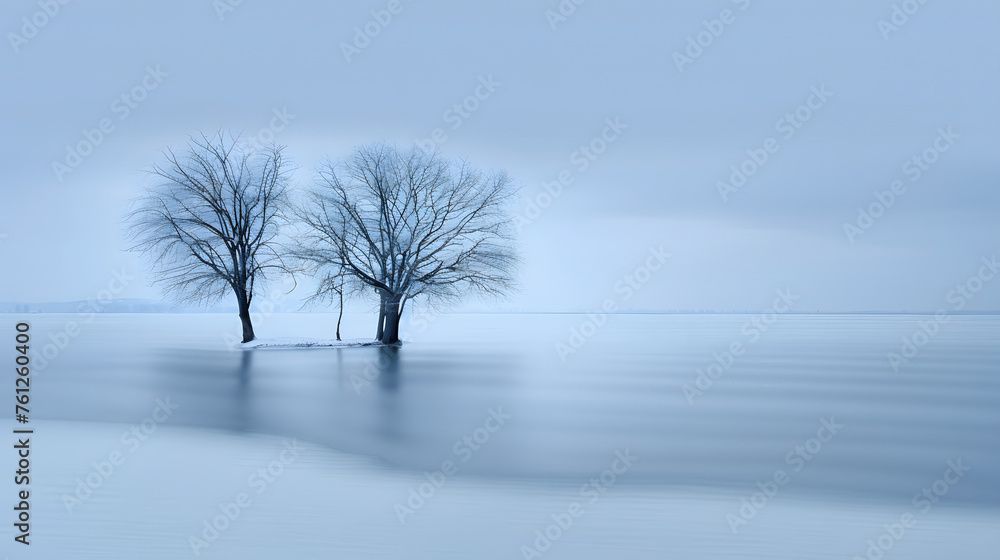 Foggy misty tree in water, a winter snow lanscape in blue and lavender ...
